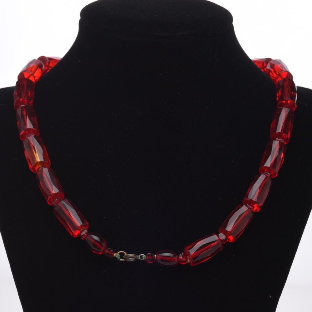 Ruby Red Glass Crystal Bead Vintage Necklace - Gem